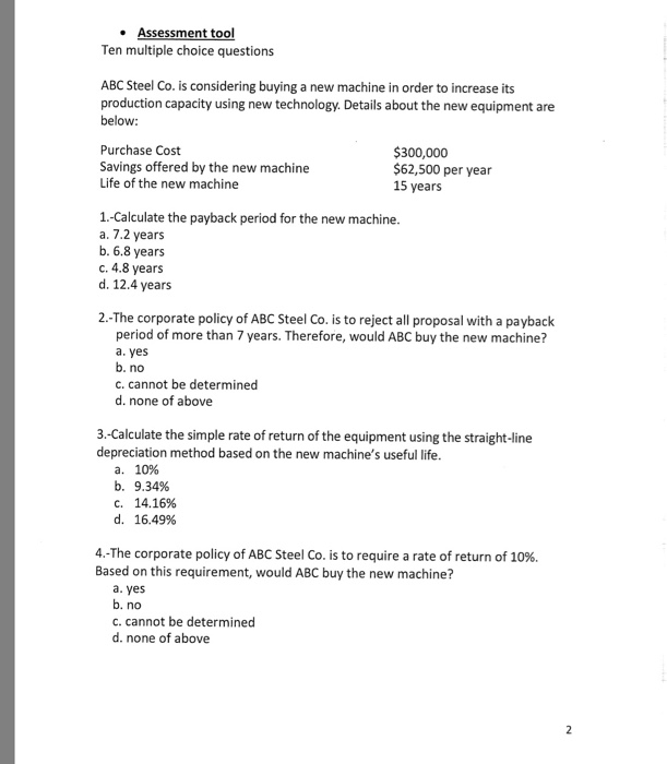 Solved Assessment tool Ten multiple choice questions ABC | Chegg.com