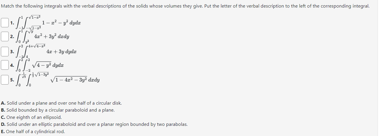 Solved Match the following integrals with the verbal | Chegg.com