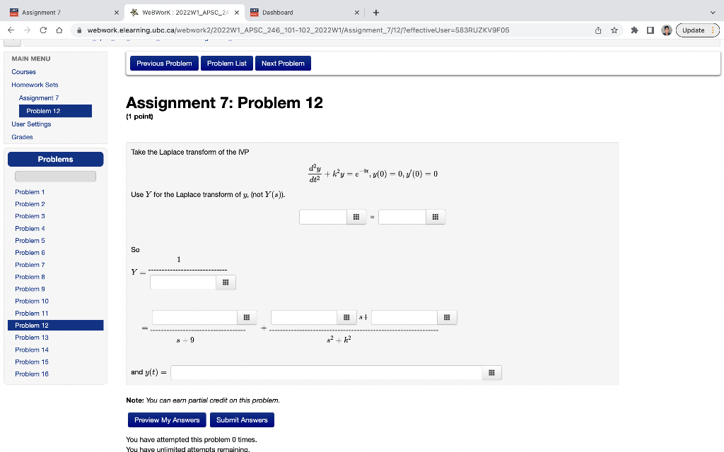 Solved Assignment 7: Problem 12 (1 point) Take the Laplace | Chegg.com