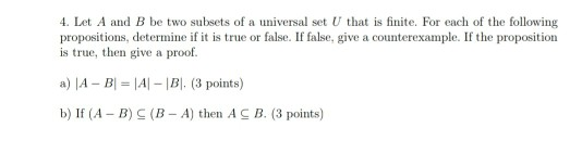 Solved 4. Let A and B be two subsets of a universal set U | Chegg.com