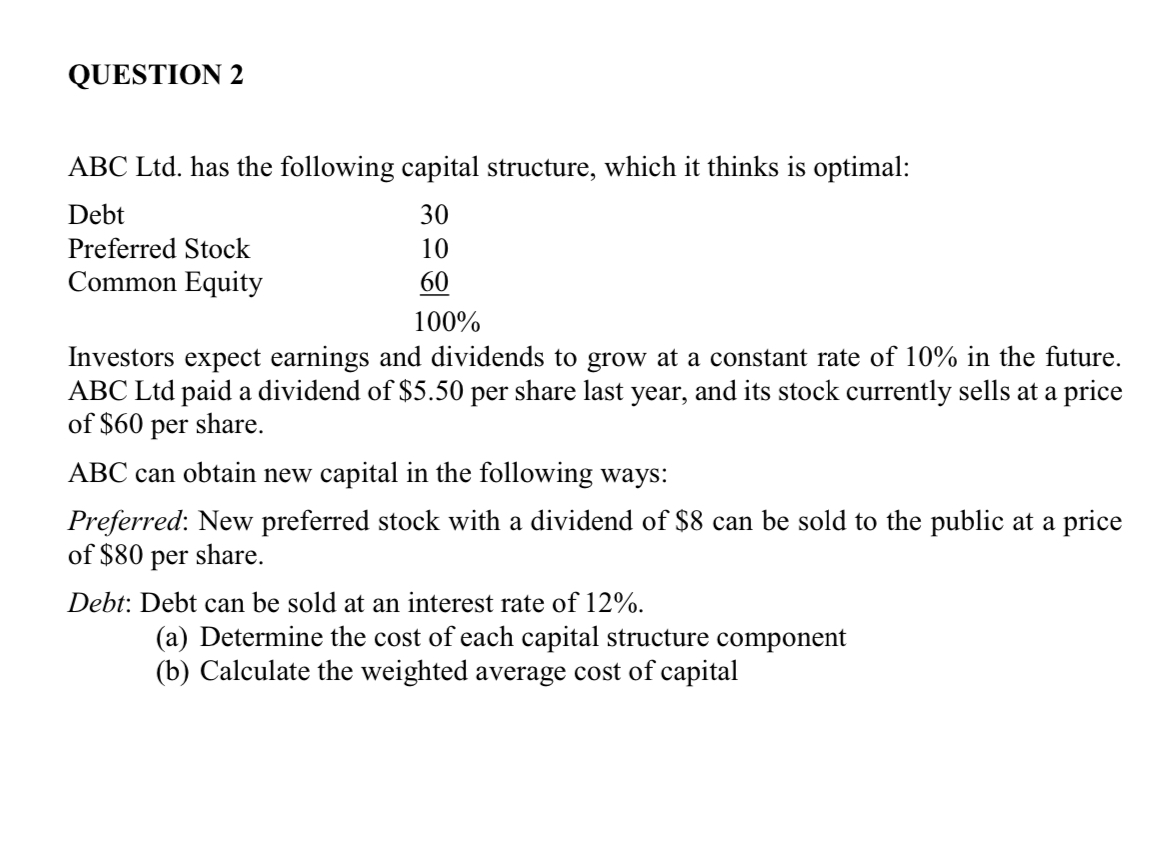 Solved QUESTION 2 ABC Ltd. has the following capital | Chegg.com