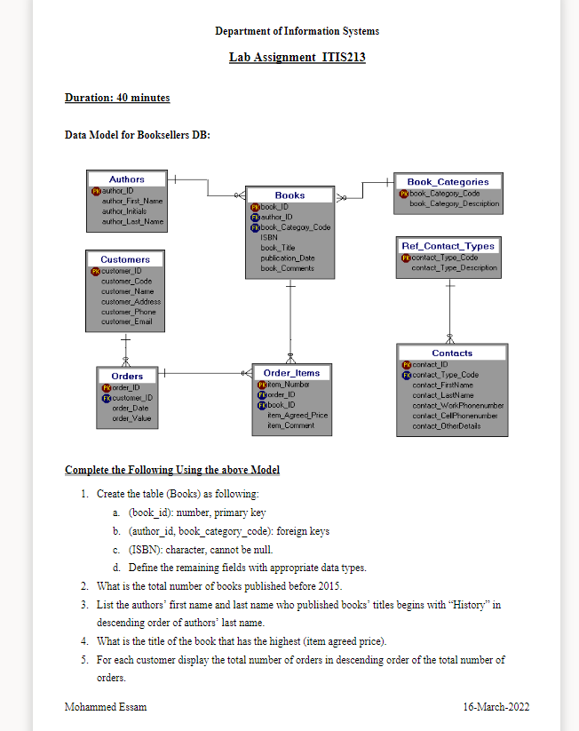 Solved Department of Information Systems Lab Assignment | Chegg.com