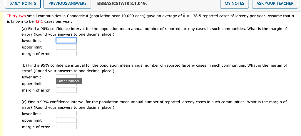 Solved 0.19/1 POINTS PREVIOUS ANSWERS BBBASICSTAT8 8.1.019. | Chegg.com