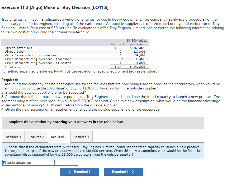 Solved Exercise 11-3 (Algo) ﻿Make or Buy Decision | Chegg.com