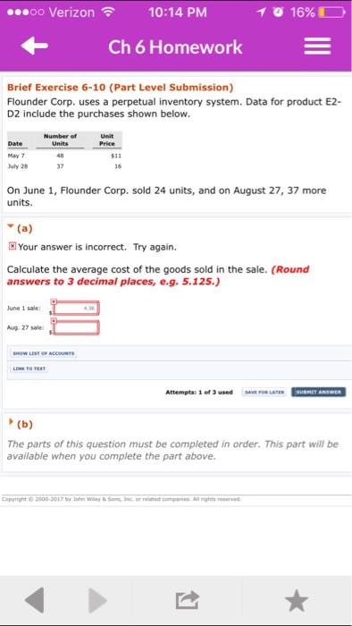 Solved 9:10 AM 75% ooo Verizon Ch 6 Homework Exercise 6-14 | Chegg.com