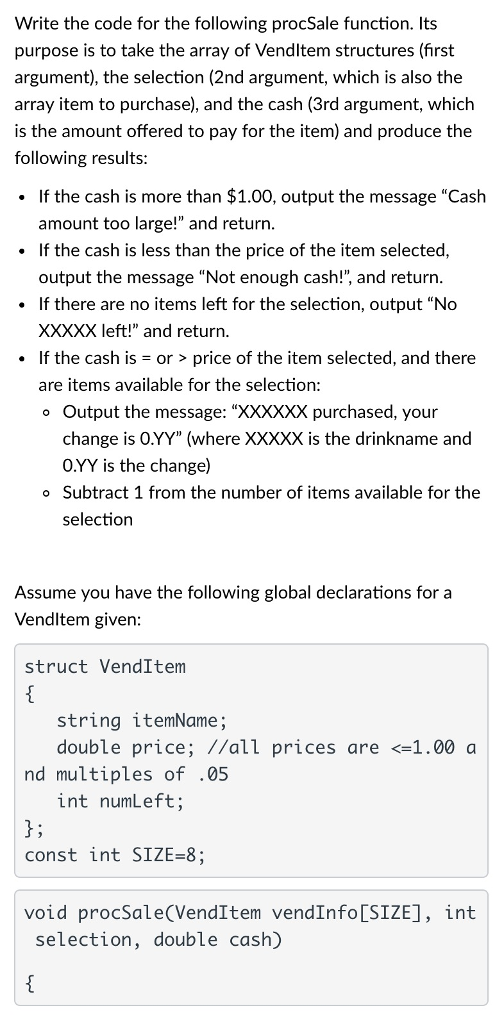 Solved Write the code for the following procSale function. | Chegg.com