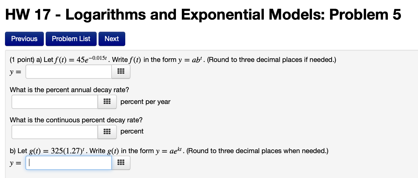 Solved HW 17 - Logarithms and Exponential Models: Problem 5 | Chegg.com