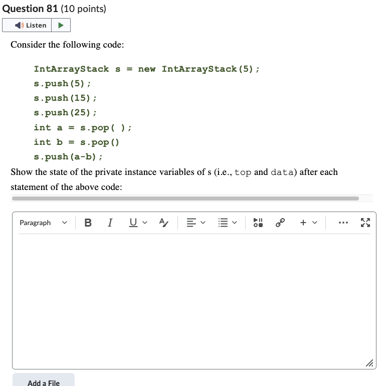 Solved Question 81 (10 points) Consider the following code: | Chegg.com