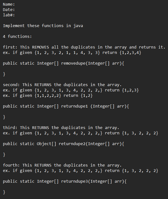 Solved Name: Date: lab\# : Implement these functions in java | Chegg.com