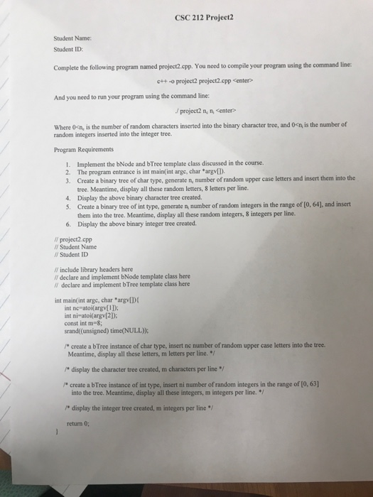 Solved CSC 212 Project2 Student Name Student ID Complete the | Chegg.com