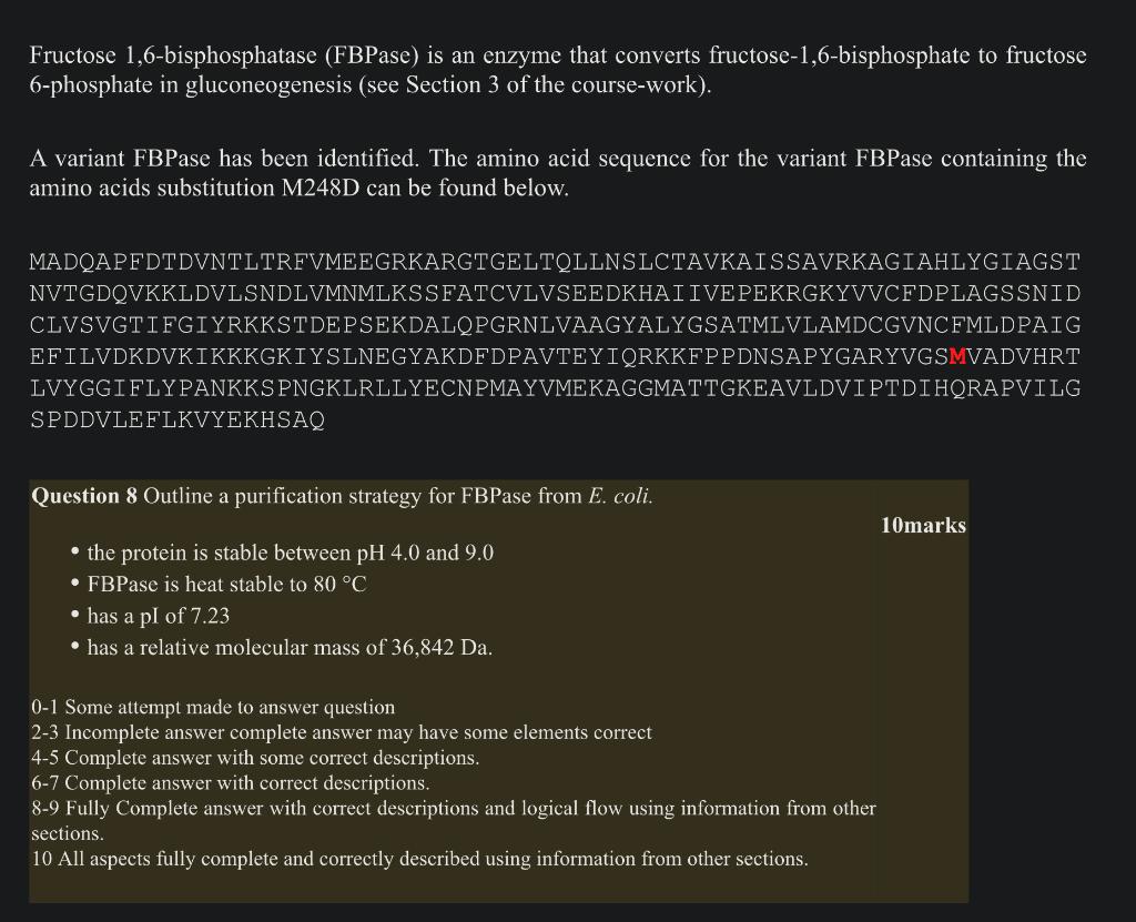 Solved Fructose 1,6-bisphosphatase (FBPase) is an enzyme | Chegg.com