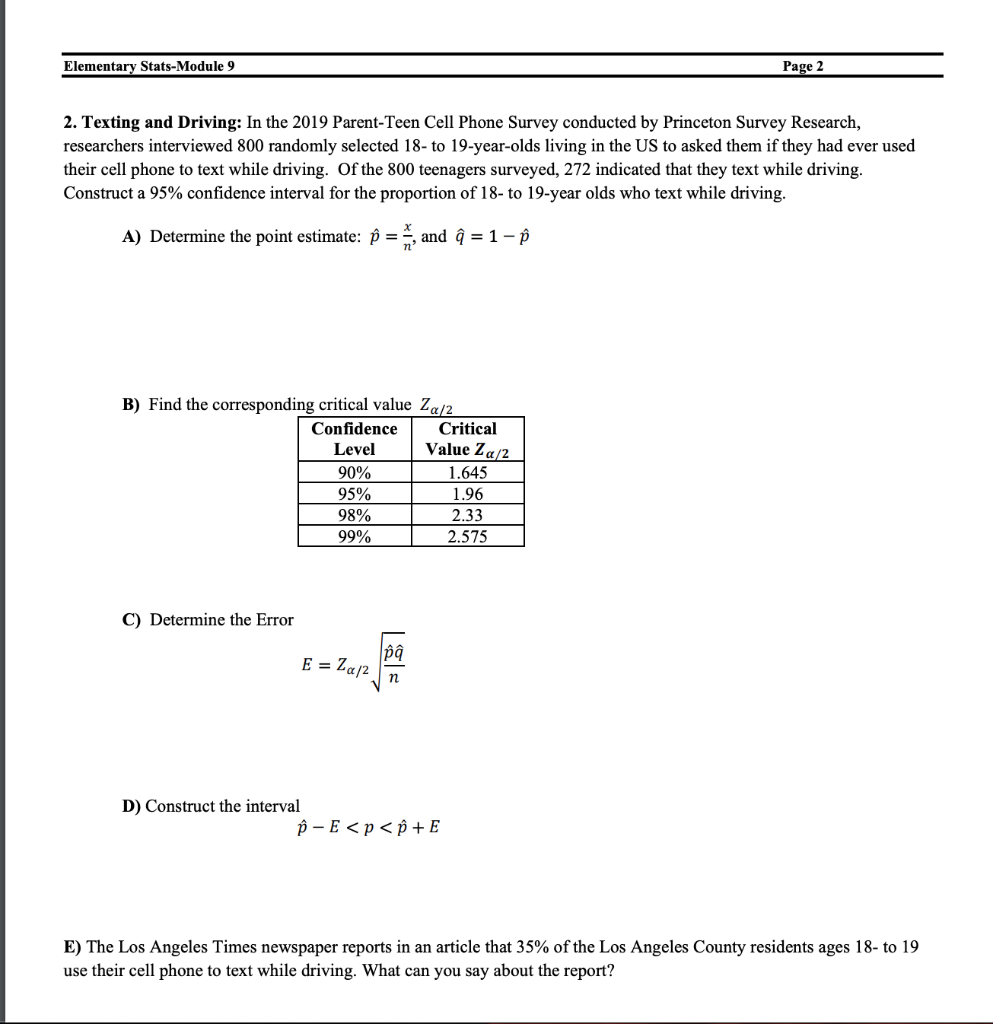 Solved Elementary Stats-Module 9 Page 2 2. Texting and | Chegg.com