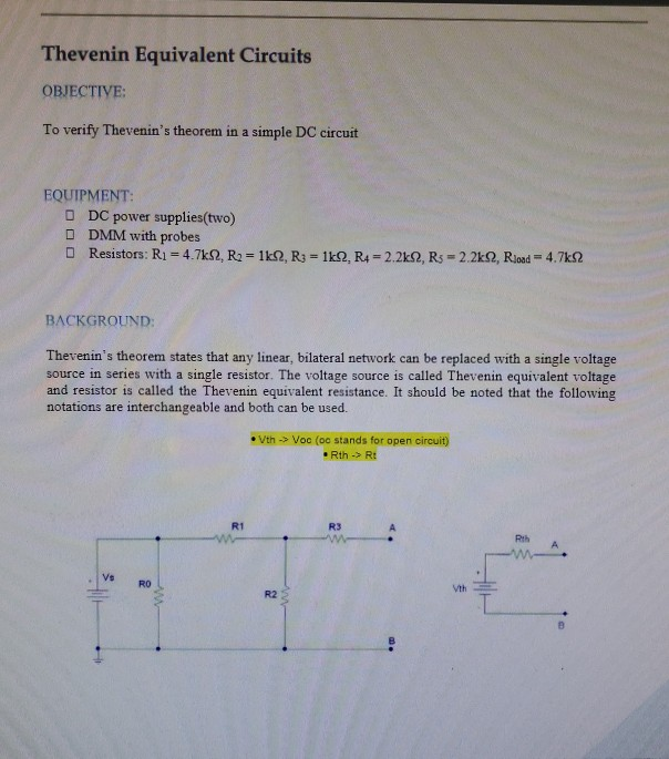 Solved Thevenin Equivalent Circuits OBJECTIVE: To verify | Chegg.com