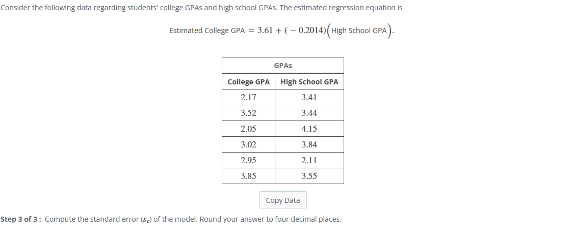 Solved Estimated College GPA =3.61+(−0.2014)( High School | Chegg.com