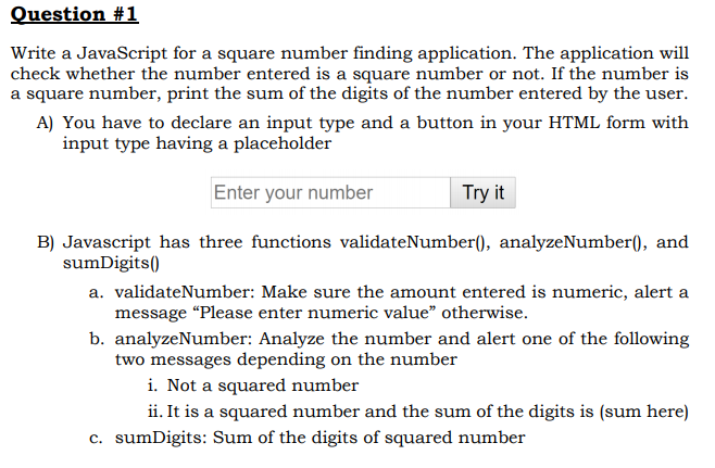 Solved Ouestion #1 Write a JavaScript for a square number | Chegg.com