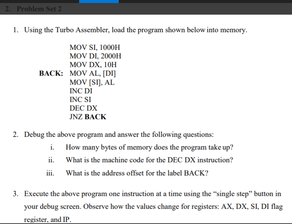 2. Problem Set 2 1. Using the Turbo Assembler, load | Chegg.com