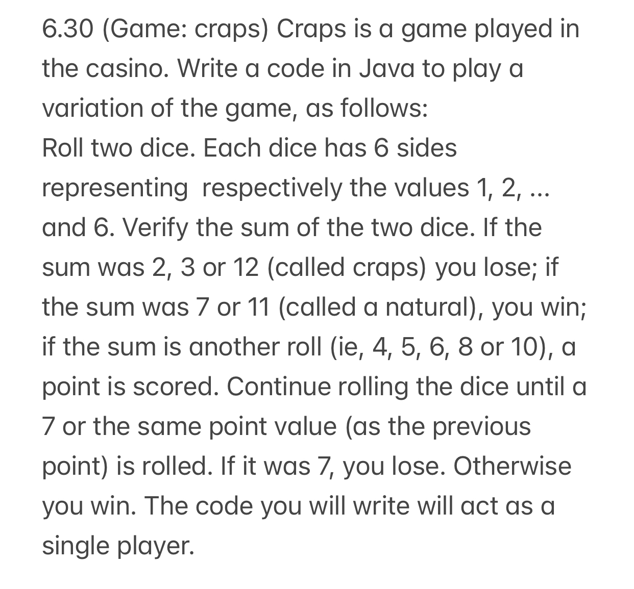Solved 6.30 (Game: craps) Craps is a game played in the | Chegg.com