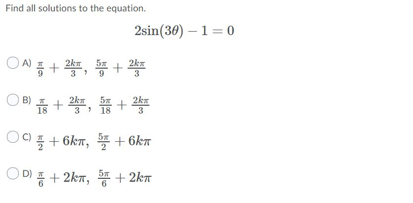 Solved Find all solutions to the equation. 2sin(30) – 1=0 | Chegg.com