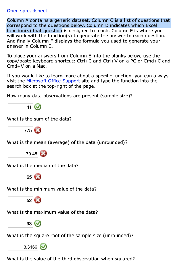 Solved Open spreadsheet Column A contains a generic dataset. | Chegg.com