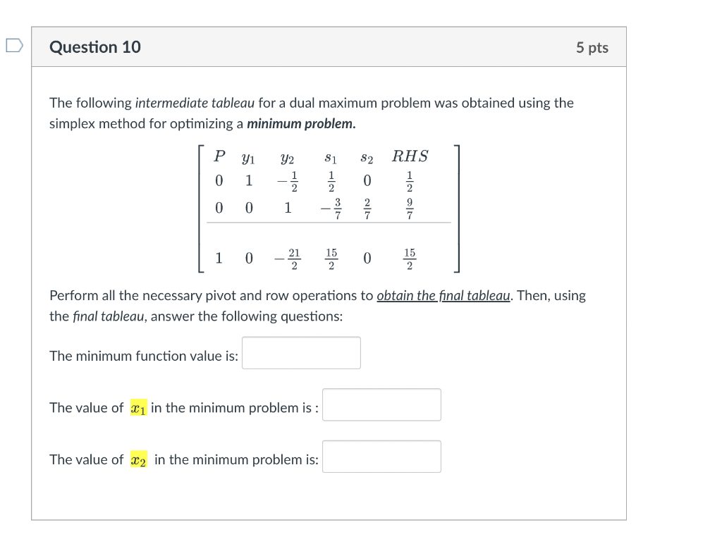 Solved The following intermediate tableau for a dual maximum | Chegg.com