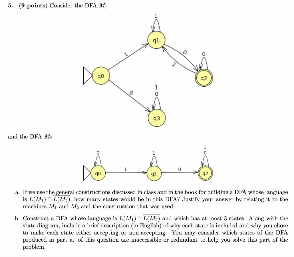 Solved 5. (9 points) Consider the DFA M 1 91 o 90 92 0 93 | Chegg.com