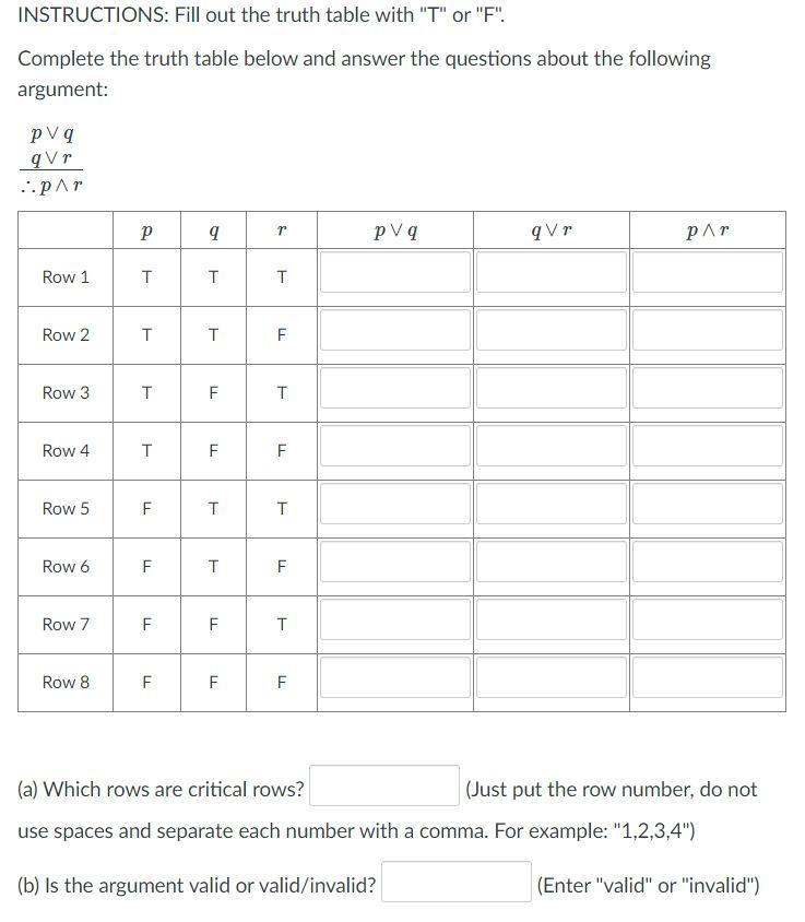 Solved INSTRUCTIONS: Fill out the truth table with "T" or | Chegg.com
