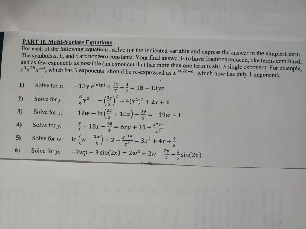 Solved PART II. Multi-Variate Equations For each of the | Chegg.com