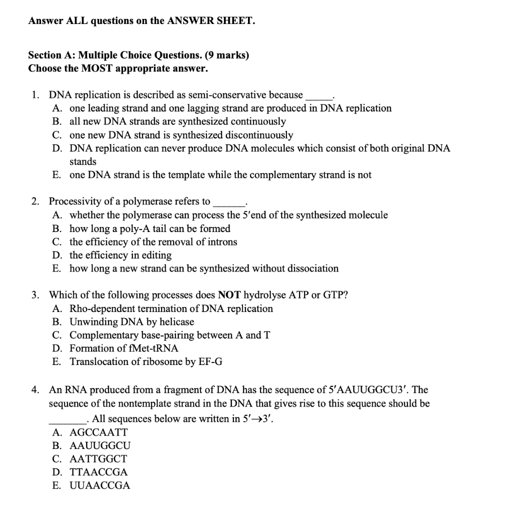 Solved Answer ALL questions on the ANSWER SHEET. Section A: | Chegg.com