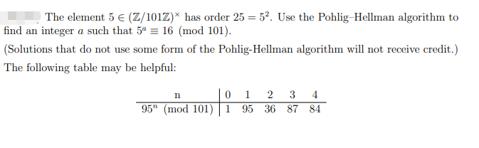Solved The element 5 € (Z/101Z)* has order 25 = 52. Use the | Chegg.com