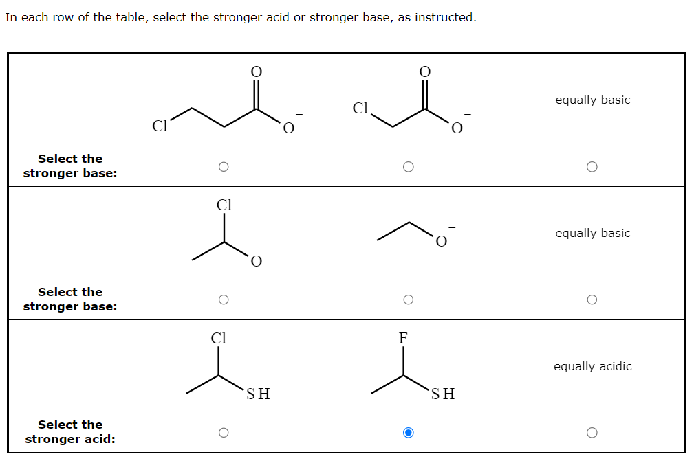 Solved In each row of the table, select the stronger acid or | Chegg.com