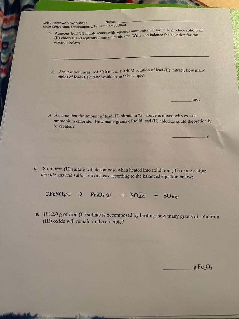 Solved Lab 9 Homework Worksheet Name: Mole Conversion, | Chegg.com