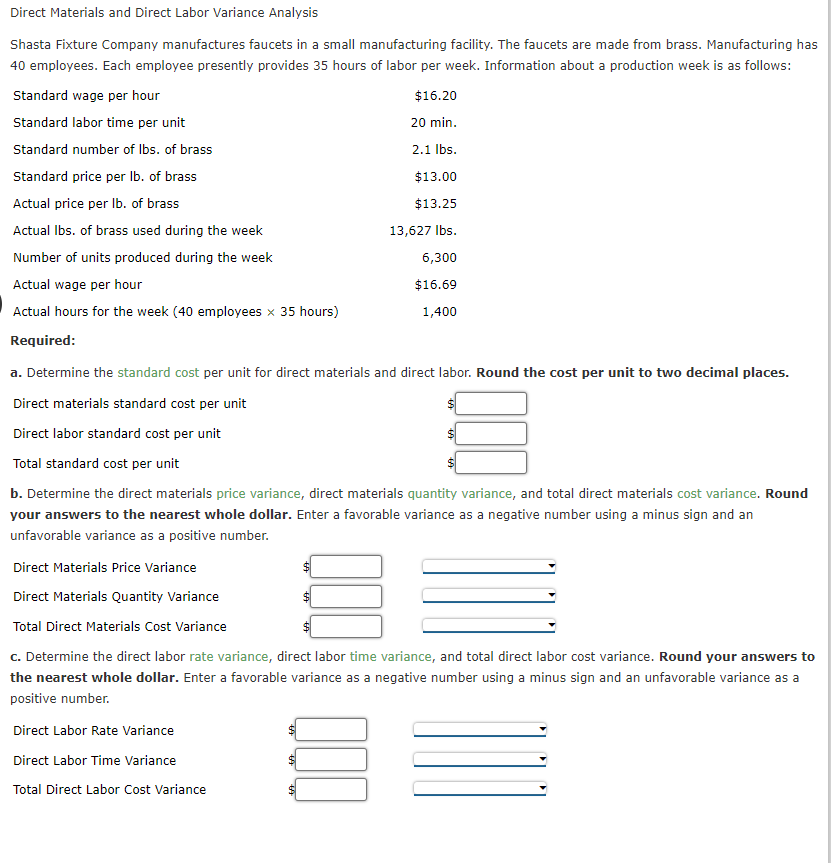 Solved Direct Materials and Direct Labor Variance Analysis | Chegg.com