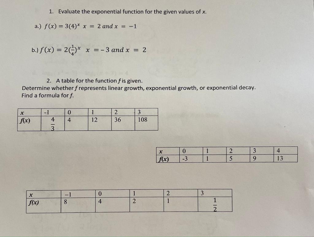 Solved 1. Evaluate the exponential function for the given | Chegg.com