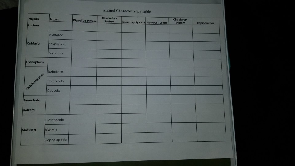 Solved Animal Characteristice Table Support Example Animal | Chegg.com