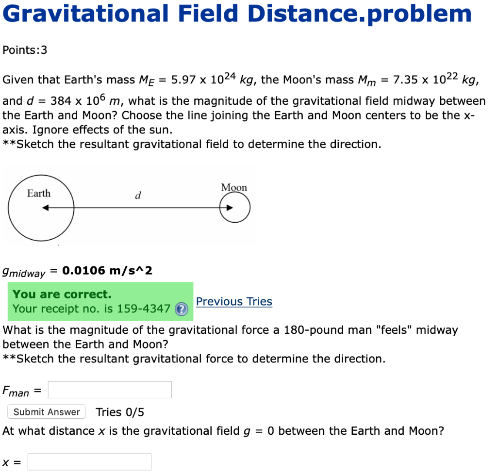 Solved Gravitational Field Distance.problem Points:3 Given | Chegg.com
