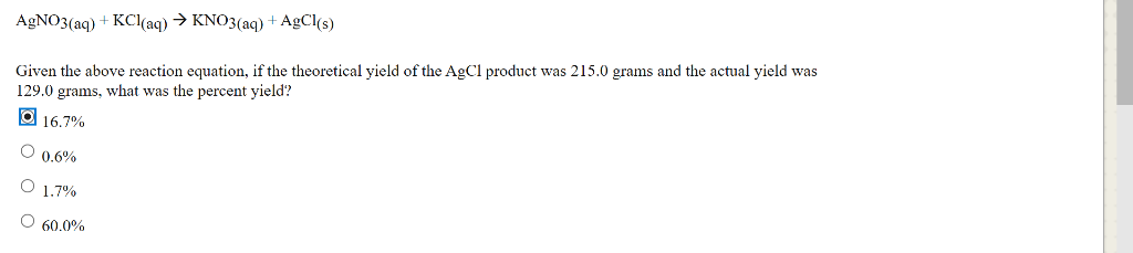 Solved AgNO3(aq) + KCl(aq) → KNO3(aq) + AgCl(s) Given the | Chegg.com