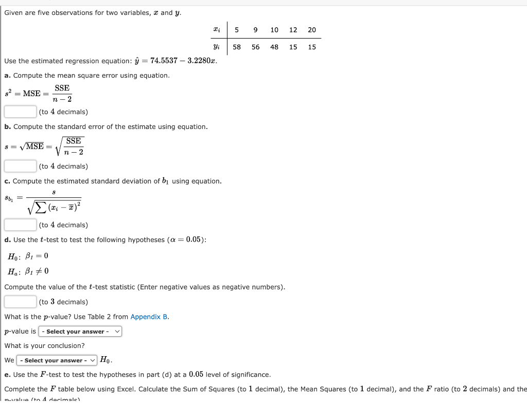 Solved Given are five observations for two variables, x and | Chegg.com