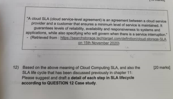 Solved "A cloud SLA (cloud service-level agreement) is an | Chegg.com