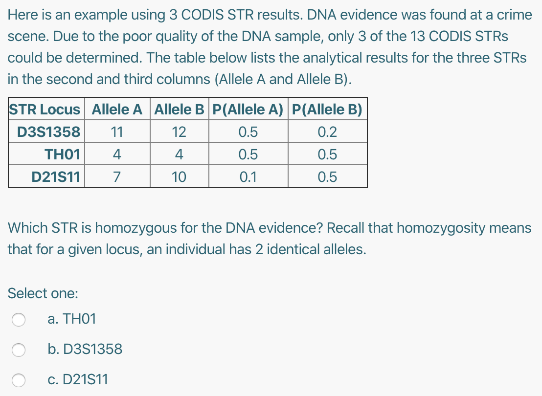 Solved Here is an example using 3 CODIS STR results. DNA | Chegg.com