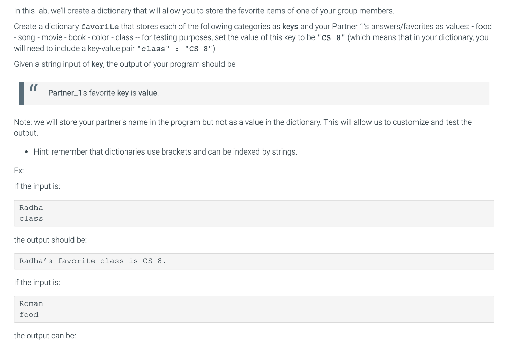 Solved In this lab, we'll create a dictionary that will | Chegg.com