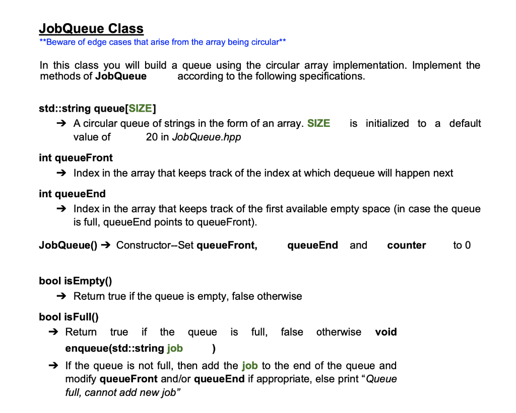 Solved JobQueue Class **Beware of edge cases that arise from | Chegg.com