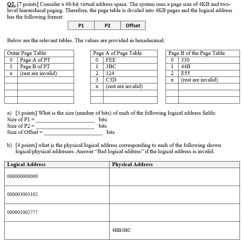 Solved Q2. [7 points] Consider a 48-bit virtual address | Chegg.com