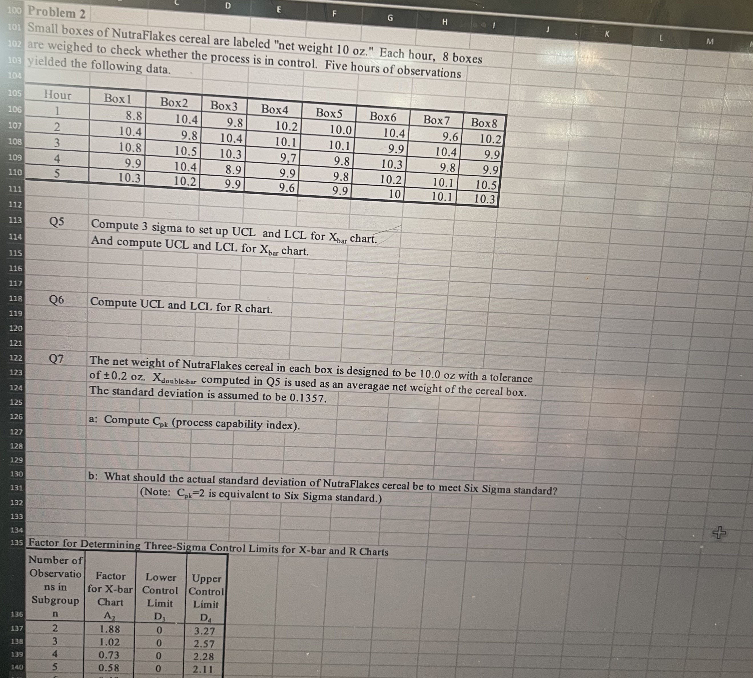 Solved Q5 Compute 3 sigma to set up UCL and LCL for Xbar | Chegg.com