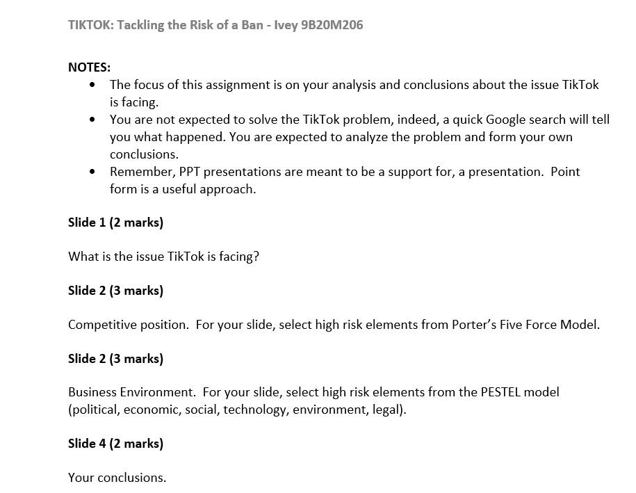 TIKTOK: Tackling the Risk of a Ban - Ivey 9B20M206 | Chegg.com