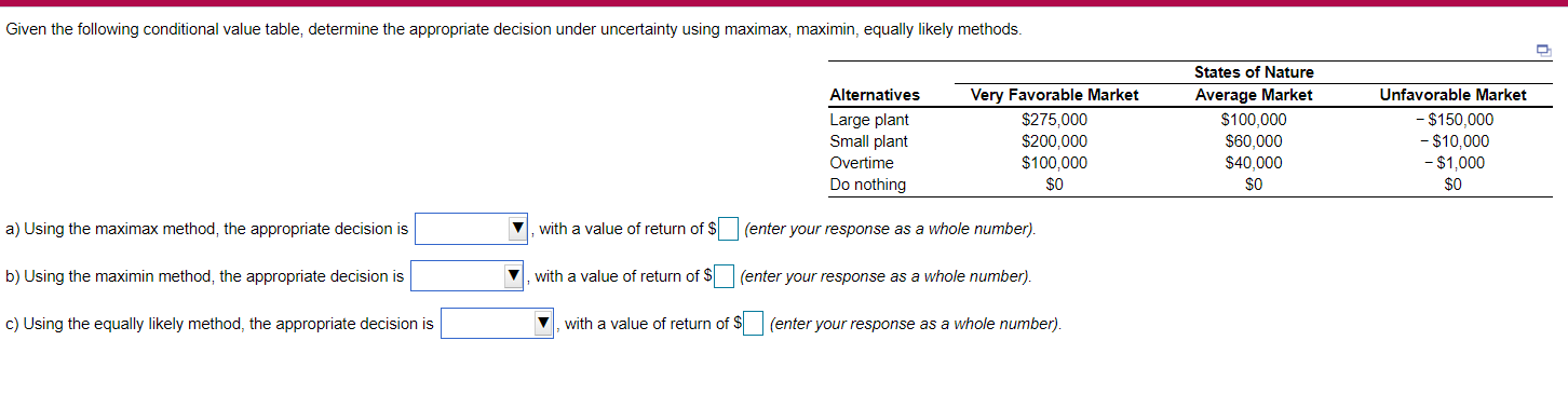 Solved Given the following conditional value table, | Chegg.com