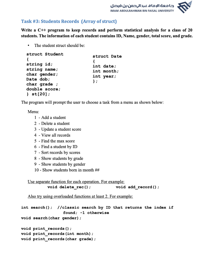 IMAM ABDULRAHMAN BIN FAISAL UNIVERSITY Task \#3: | Chegg.com