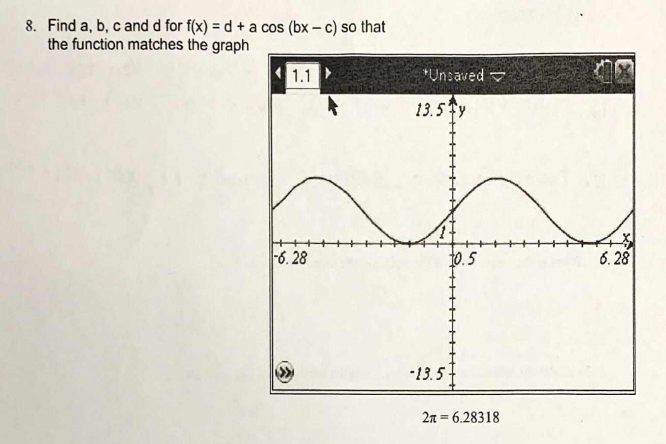 Solved 8. Find a,b,c and d for f(x)=d+acos(bx−c) so that the | Chegg.com