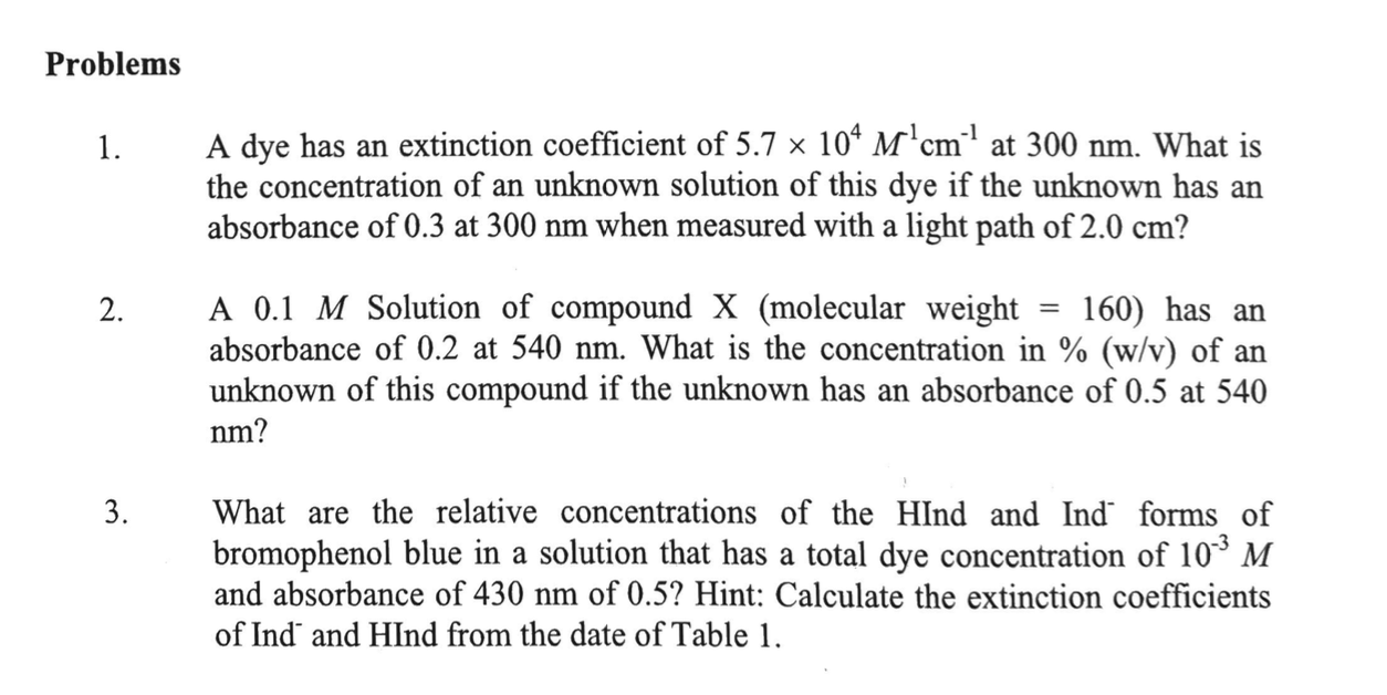 Solved Problems 1. A dye has an extinction coefficient of | Chegg.com