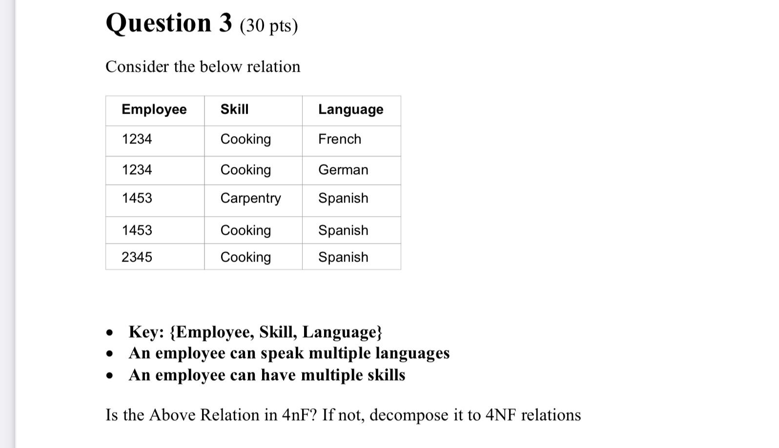 Solved Consider the below relation - Key: \{Employee, Skill, | Chegg.com