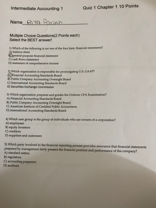 Solved: Intermediate Accounting 1 Quiz 1 Chapter 1 10 Poin... | Chegg.com